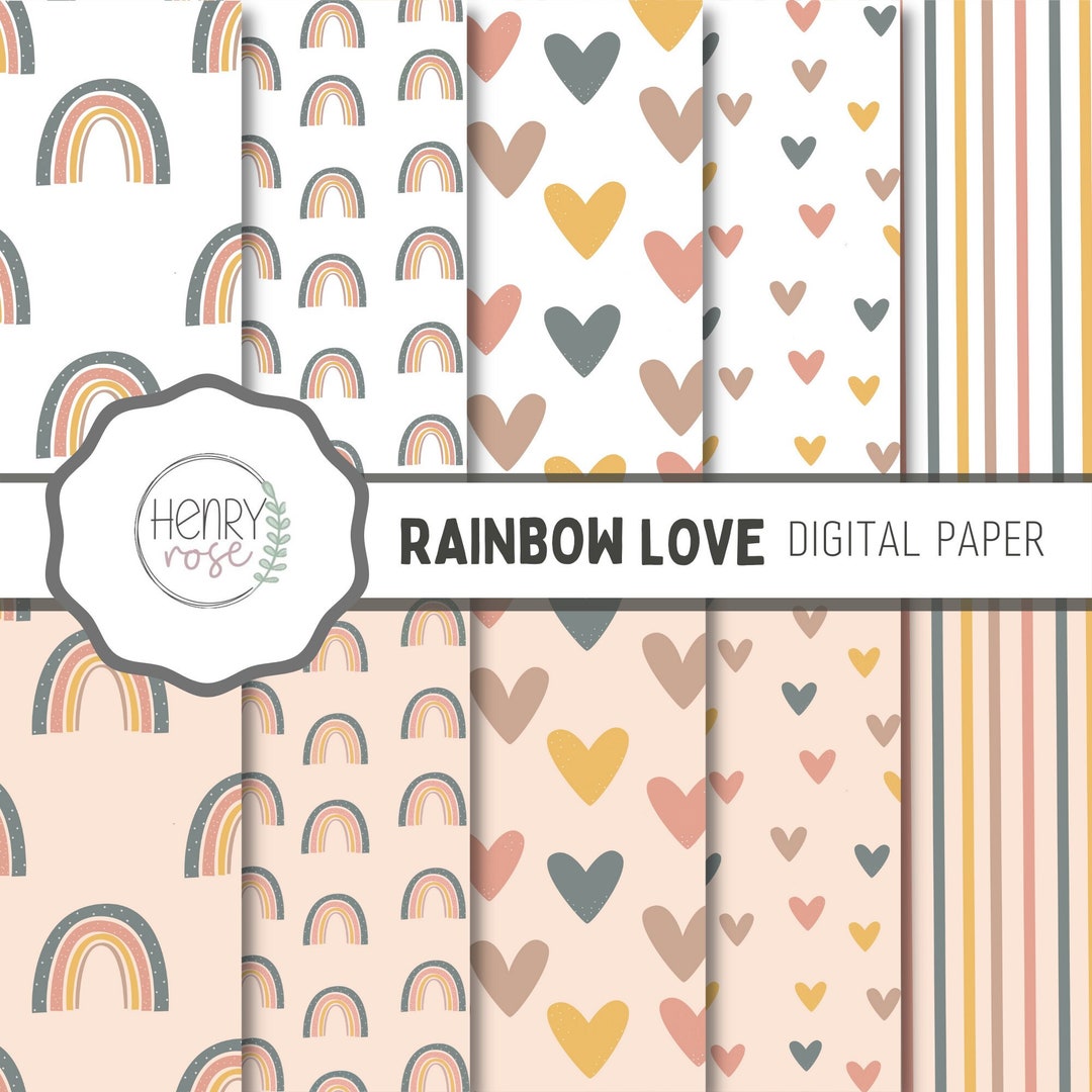 Digital Paper Pack, Rainbow Digital Paper, Hearts Digital Paper, Boho ...