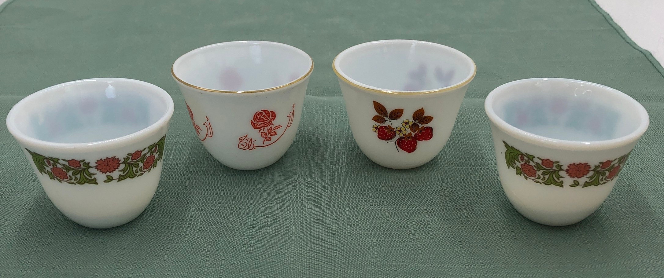 Vintage Korean Milk-glass Tea Cups, Set of 4, Mid-century, Hand Painted ...