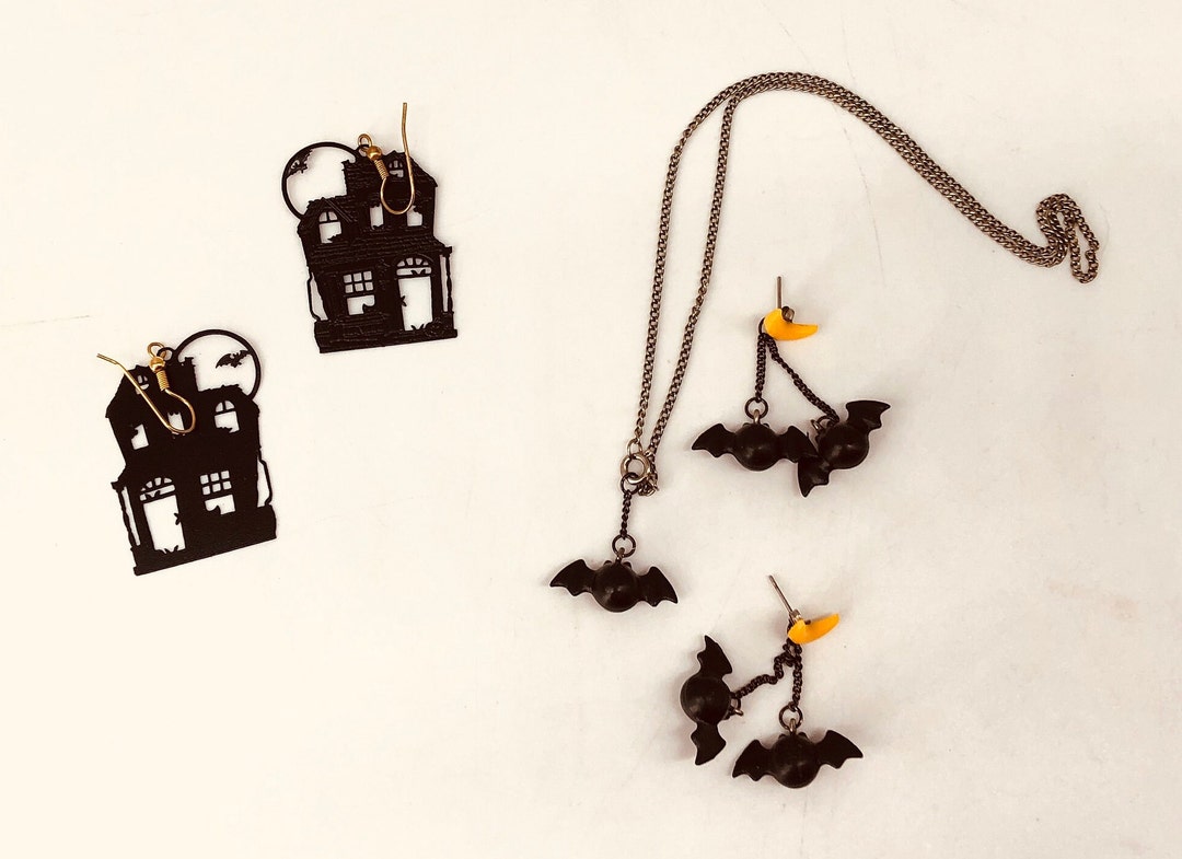 Vintage Halloween Jewelry Set: Haunted House Earrings, Bat Necklace - Etsy