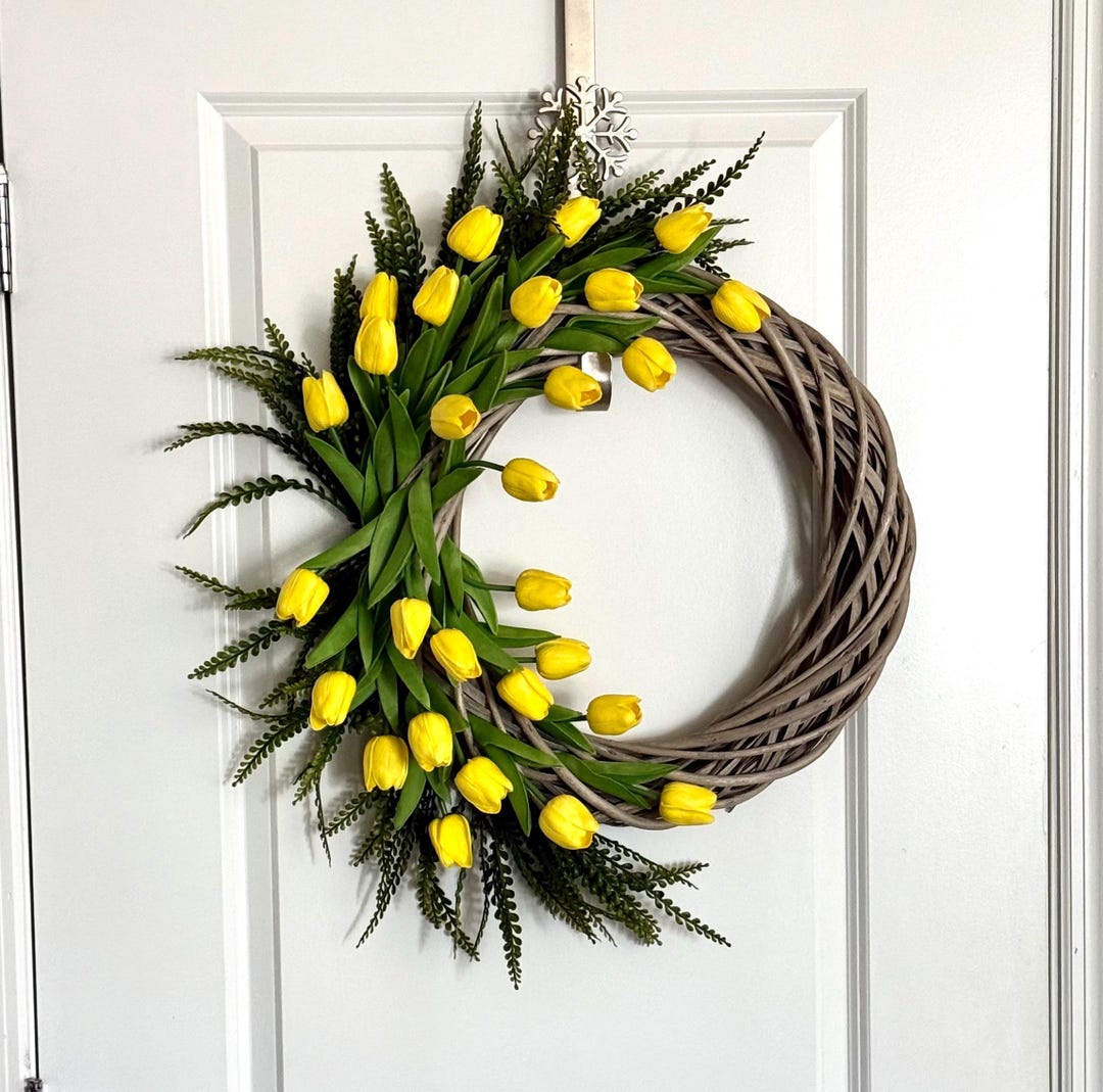 Wreaths for Front Door Year Round, Yellow Tulip Wreath, Yellow Flowers ...