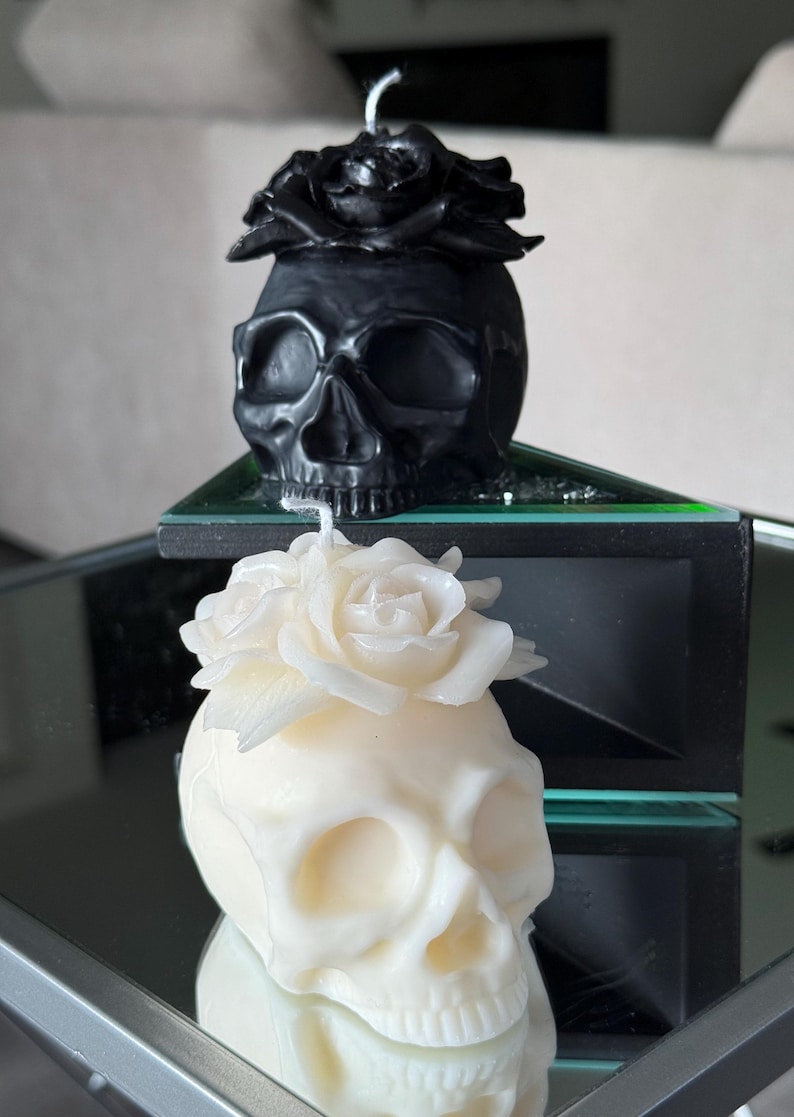 Black Gothic Skull Candle With Roses – Dark Aesthetic Home Decor ...