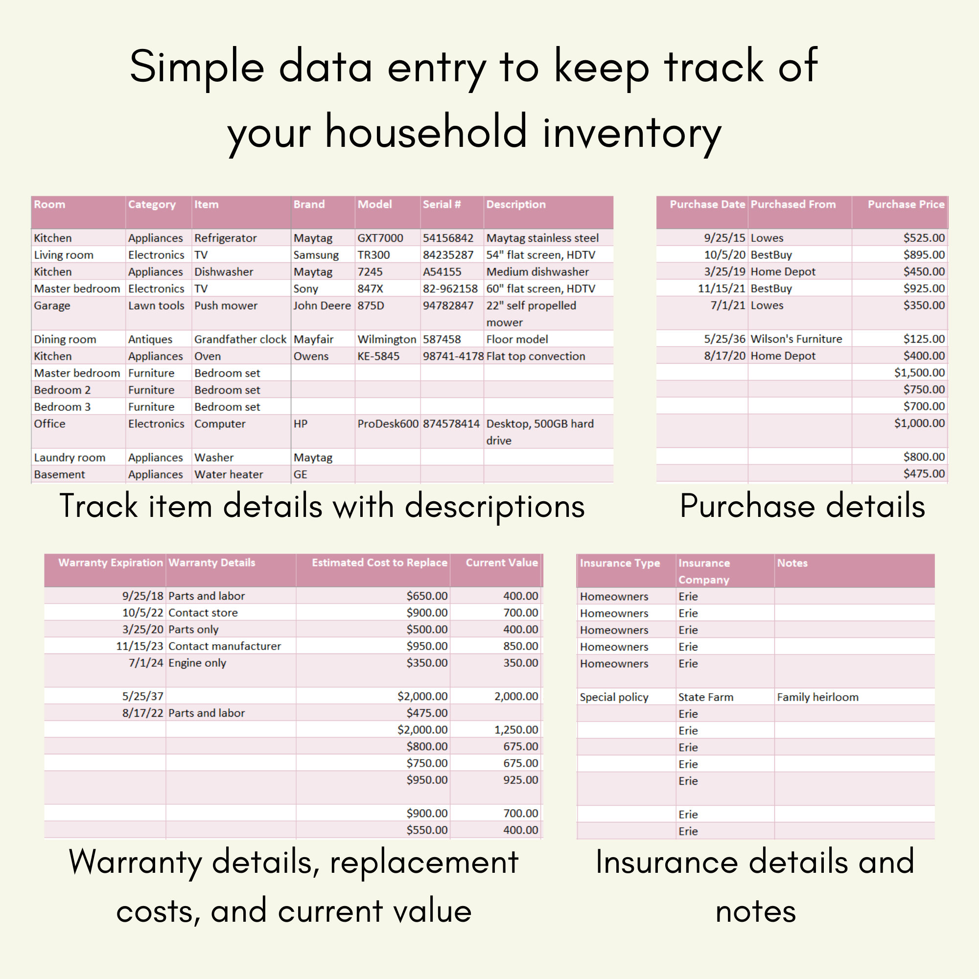 Home Inventory Spreadsheet, Household Inventory Tracker, Home Insurance ...