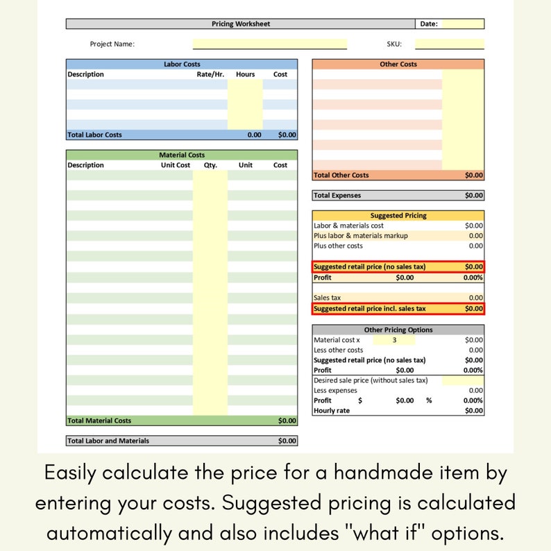 Handmade Item Pricing Worksheet, Pricing Calculator, Excel Template ...