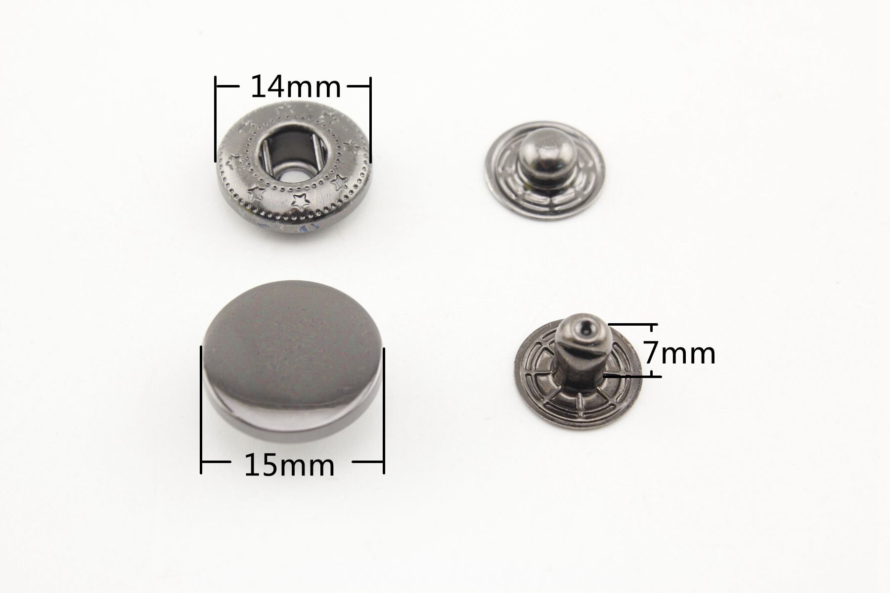 12 Sets of 15mm Flat Cap Zinc Alloy Snap Fastener Washable Press Studs ...