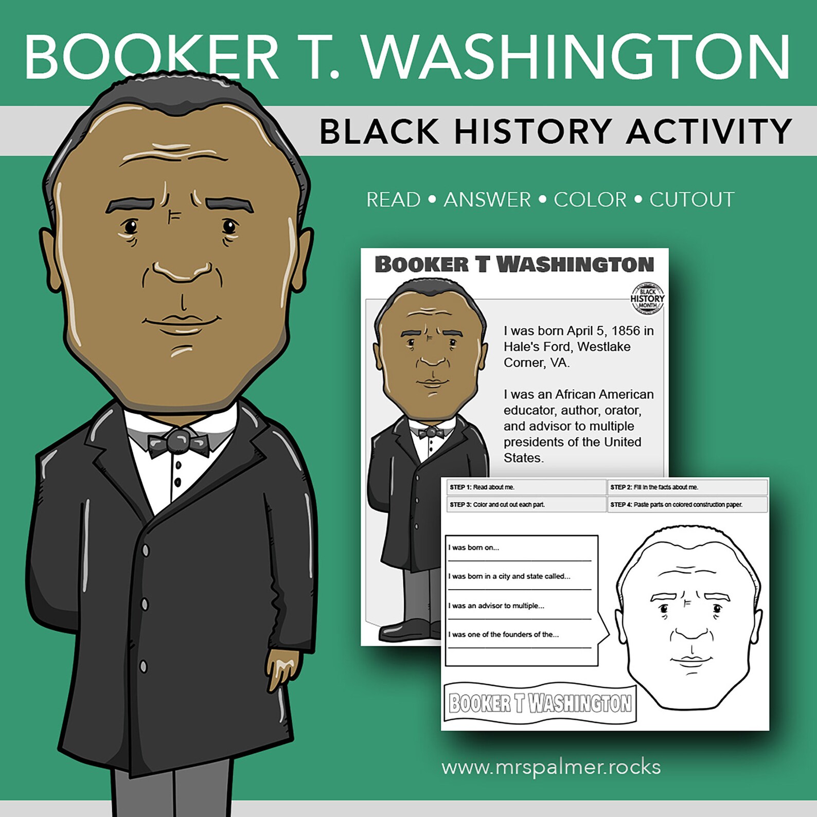 Booker T. Washington Big Head Black History Cut-out Activity - Etsy