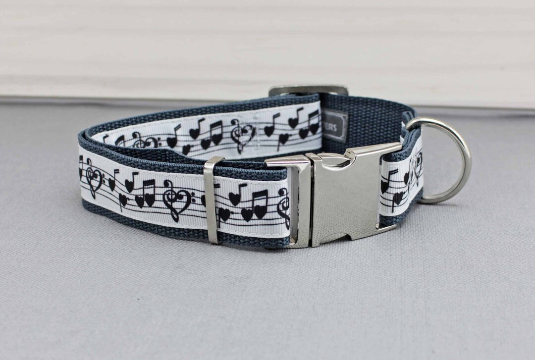 Dog Collar With Music Notes, Hearts, Love, Black and White, Webbing in ...
