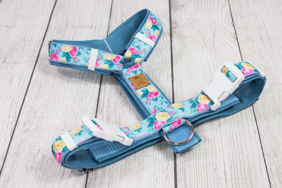 Dog Harness SKY ROSES, Size M, With Imitation Leather, Light Blue and ...