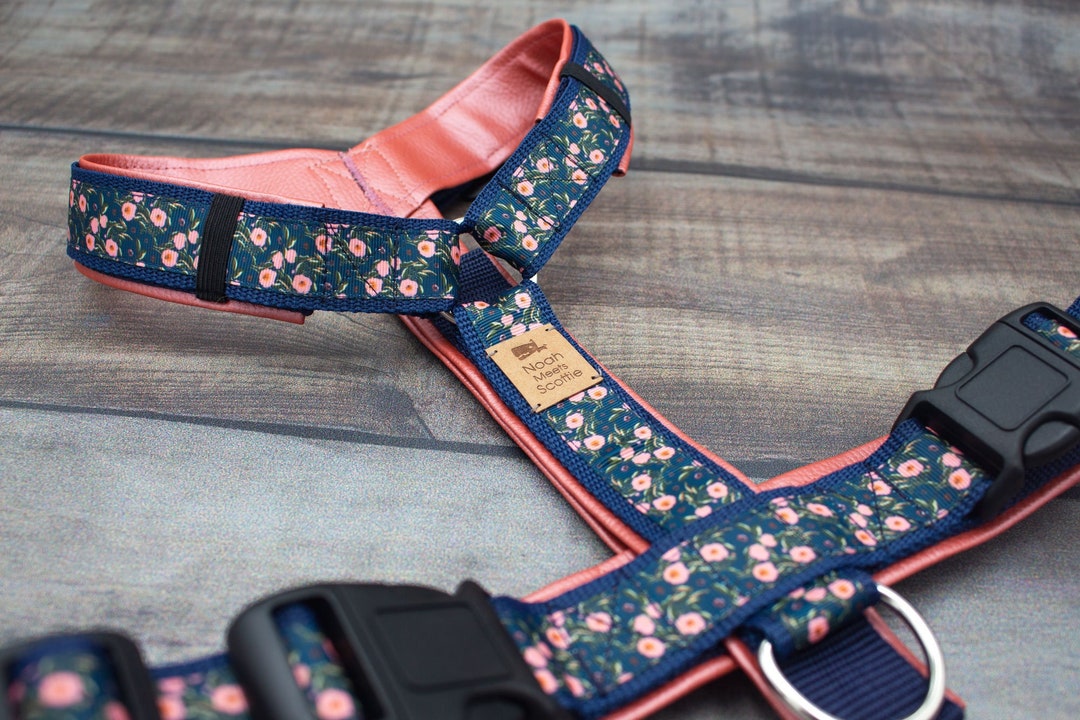 Dog Harness LAURA With Imitation Leather, Small Roses, Dark Blue, Rose ...