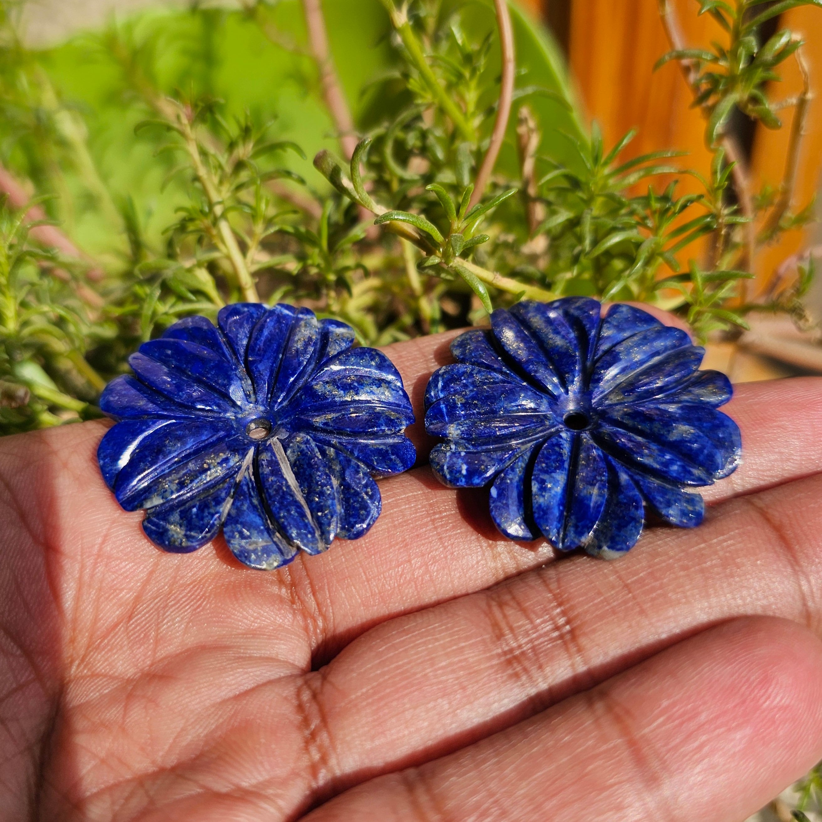 Handcarved Lapis Lazuli Flower Pair: Jewelry Making (32mm, 99.15 Carats ...