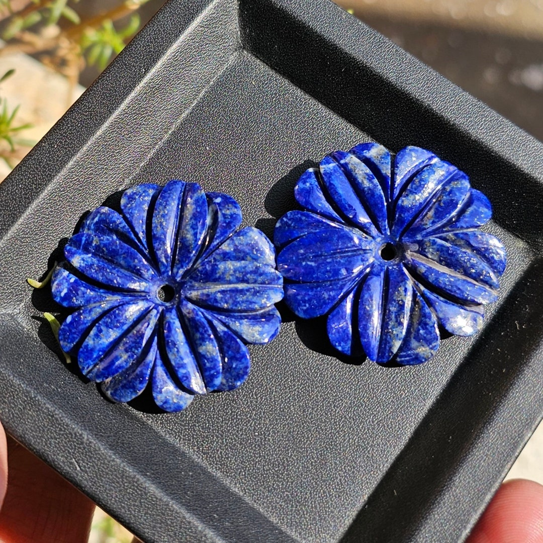 Handcarved Lapis Lazuli Flower Pair: Jewelry Making (32mm, 99.15 Carats ...