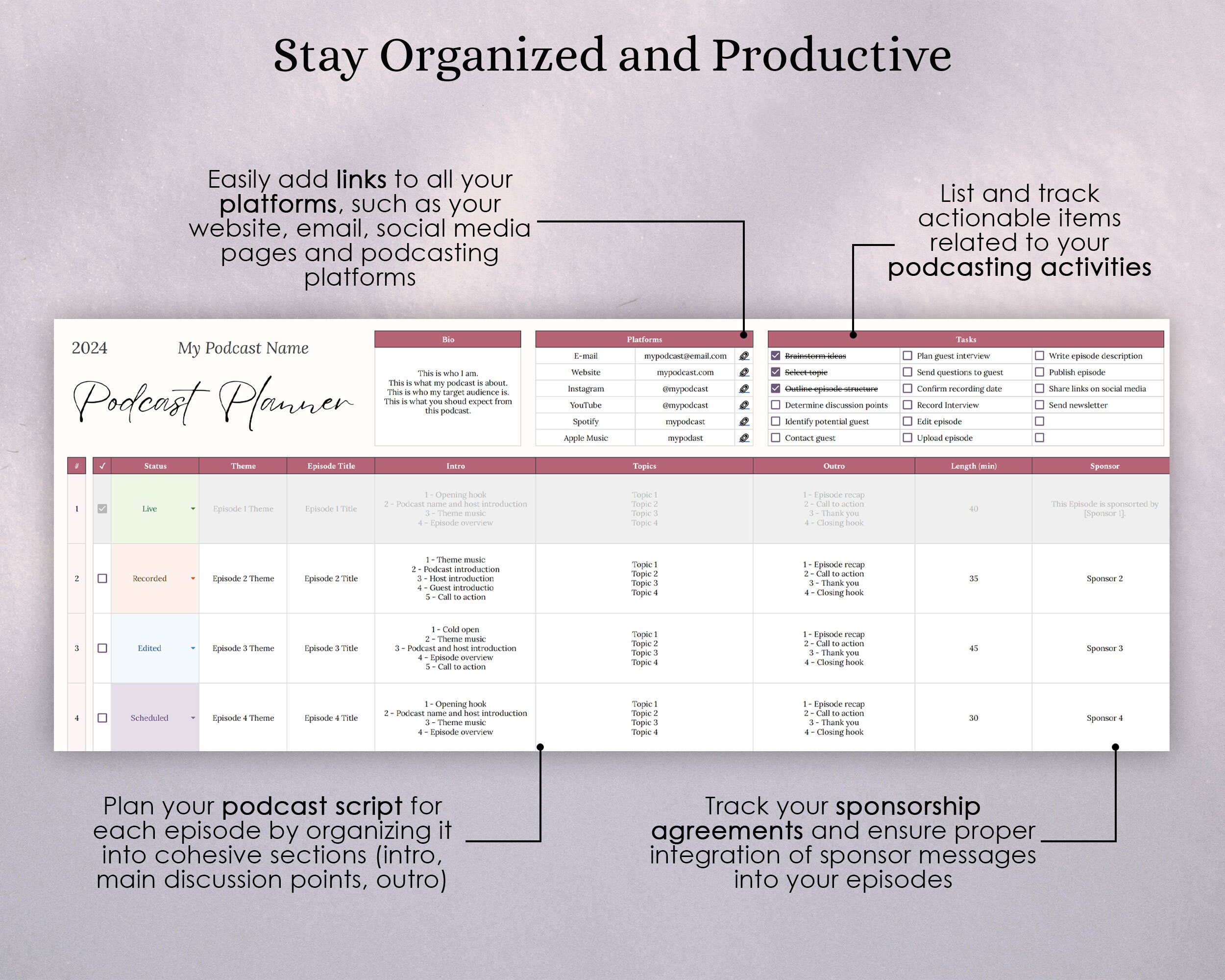 Podcast Planner Spreadsheet, Content Planner and Calendar, Digital ...