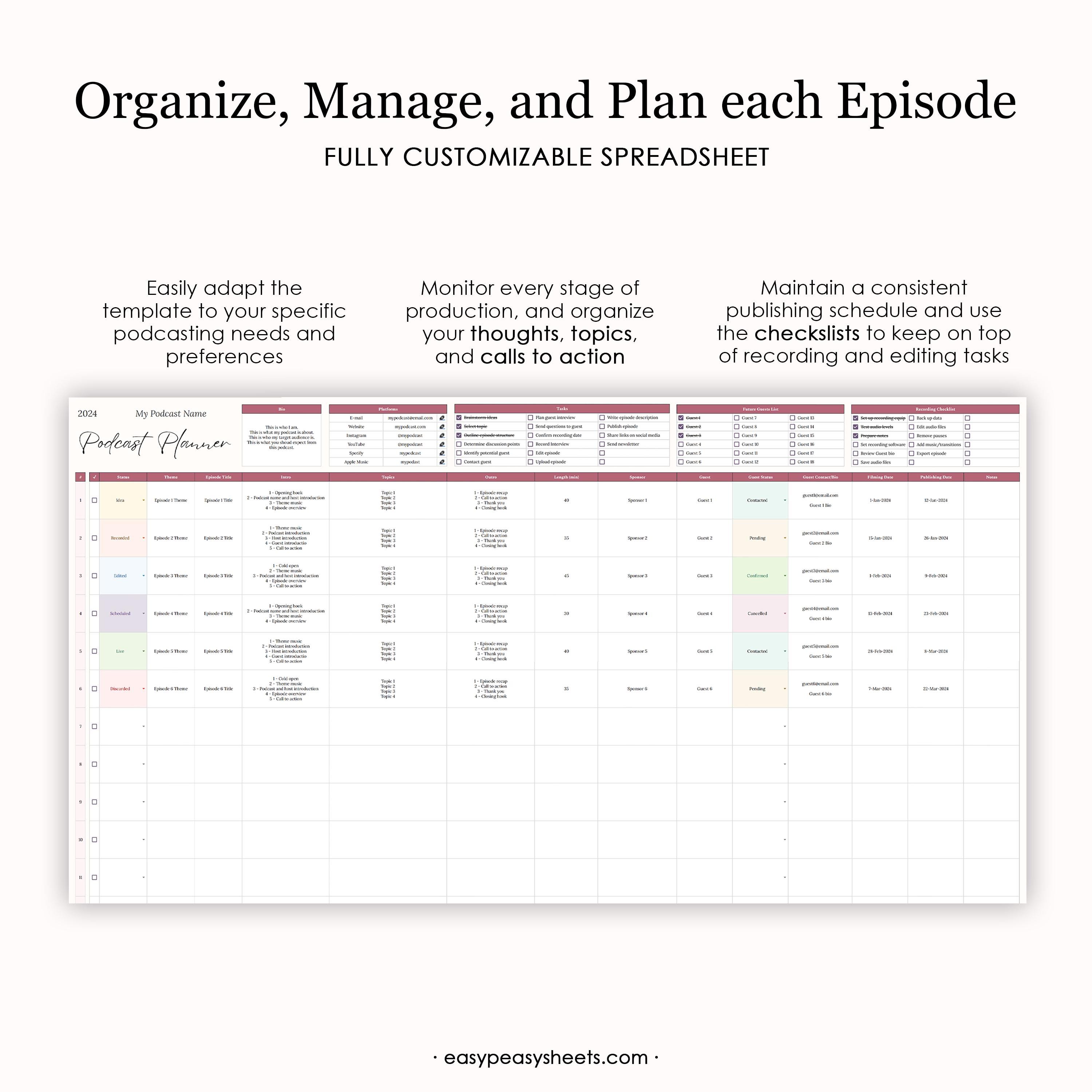 Podcast Planner Spreadsheet, Content Calendar, Episode Checklist ...