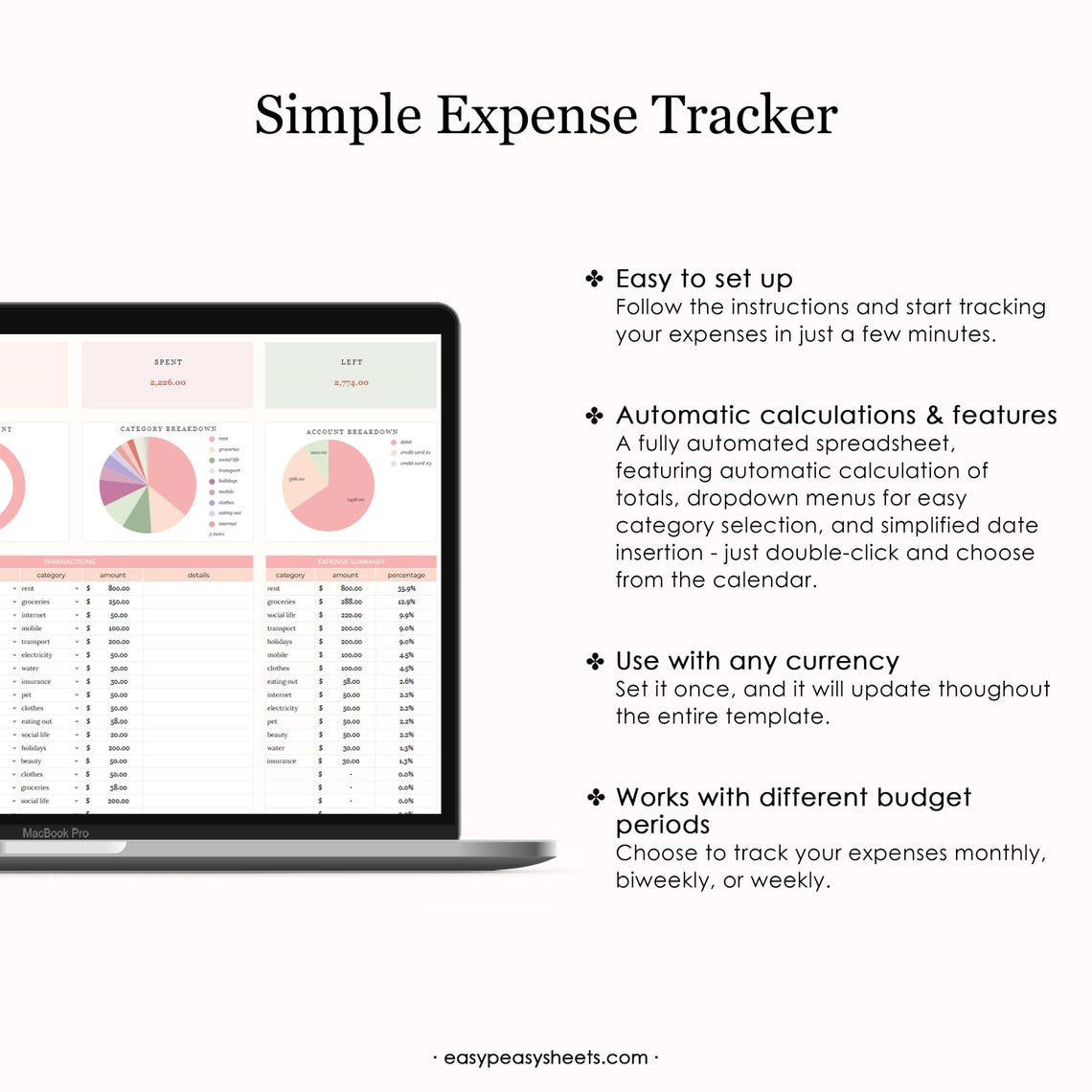 Simple Expense Tracker, Expense Spreadsheet, Easy Budgeting | Budget by ...