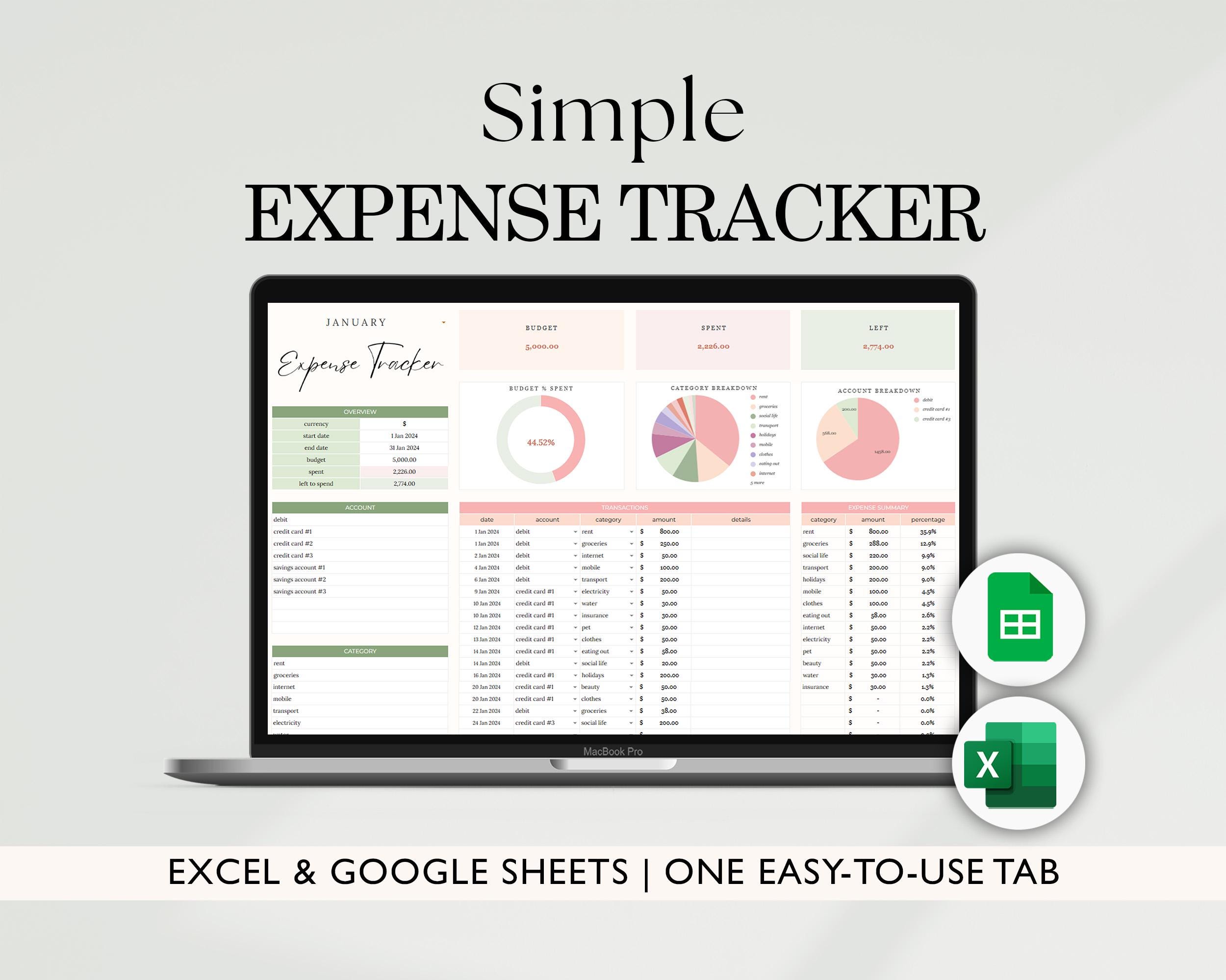 Simple Expense Tracker, Expense Spreadsheet, Easy Budgeting | Budget by ...