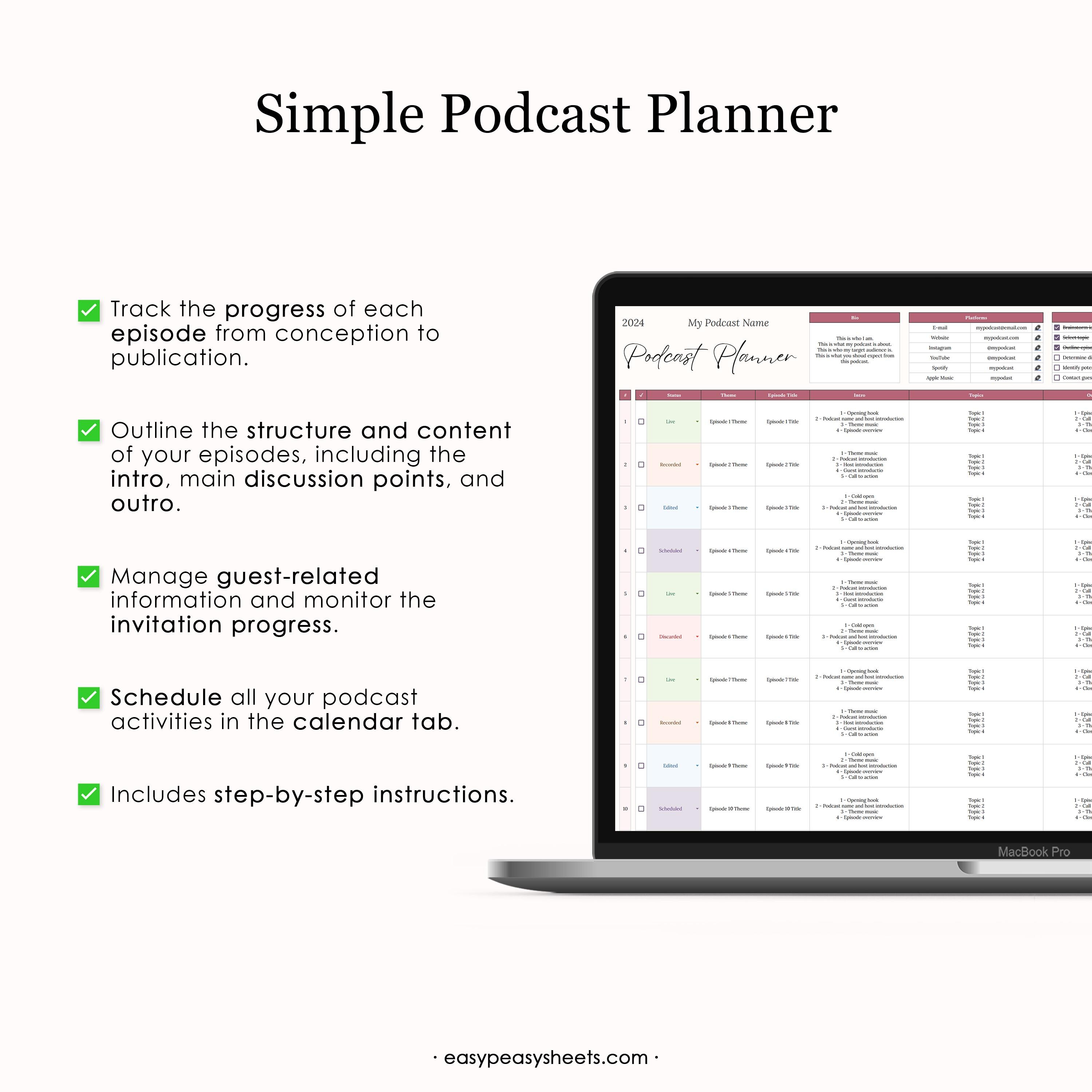 Podcast Planner Spreadsheet, Content Calendar, Episode Checklist ...