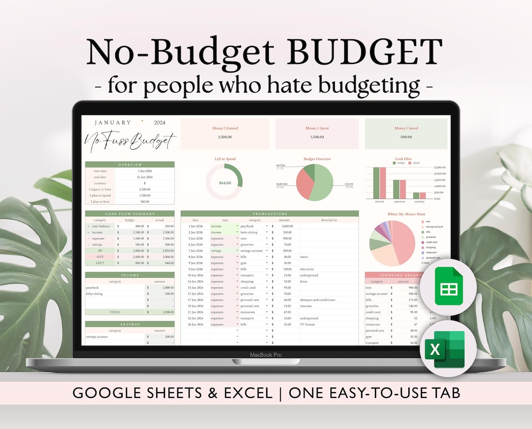 No-budget Budget Monthly Budget Planner Google Sheets, Excel Budget ...