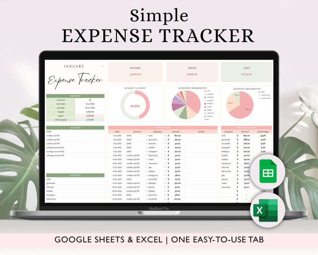 Simple Expense Tracker Spreadsheet, Google Sheets Excel Budget Template ...