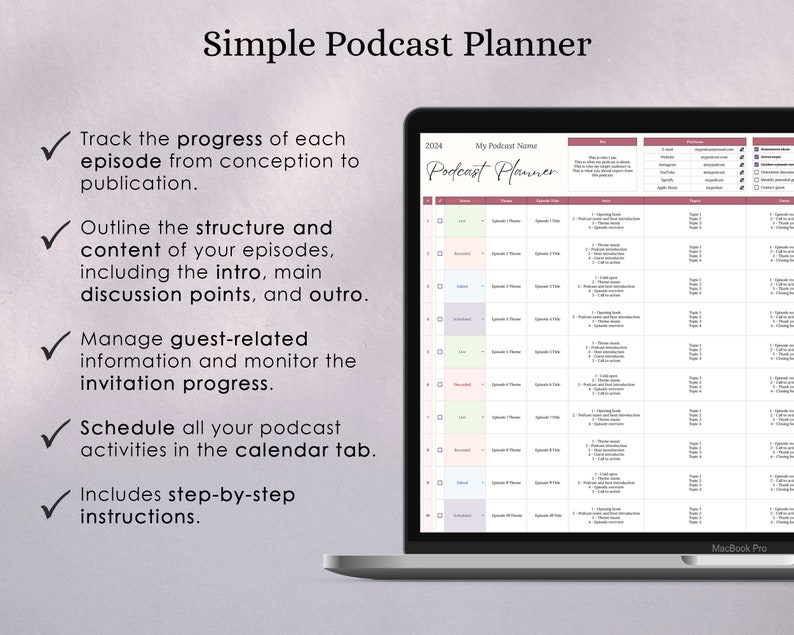 Podcast Planner Spreadsheet, Content Planner and Calendar, Digital ...