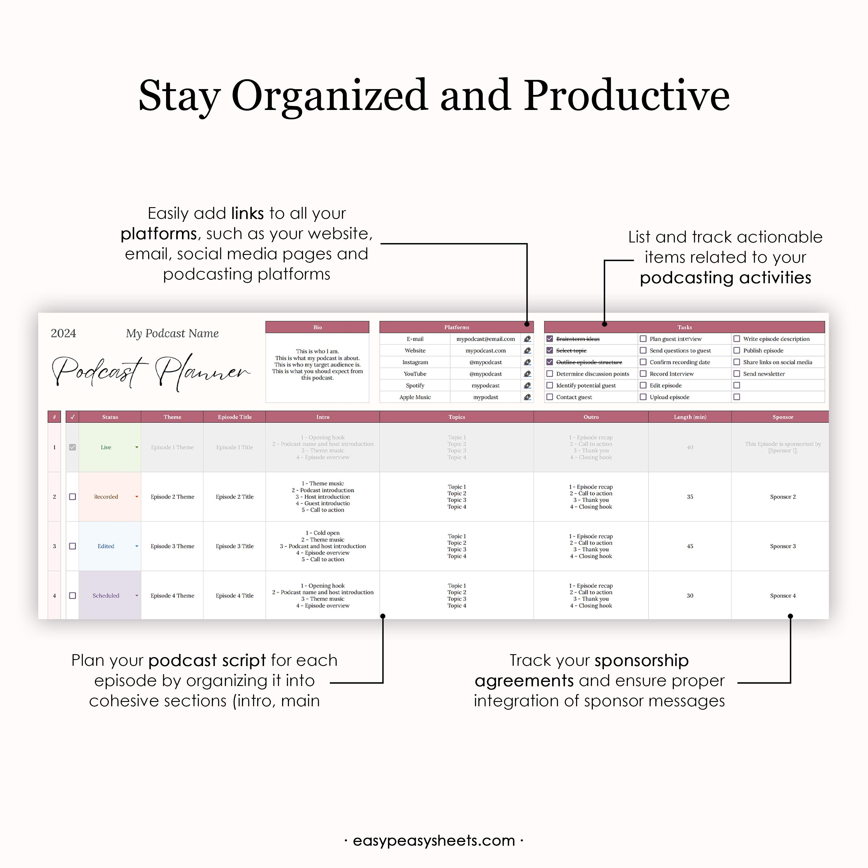 Podcast Planner Spreadsheet, Content Calendar, Episode Checklist ...