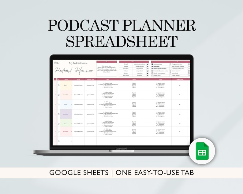 Podcast Planner Spreadsheet, Content Calendar, Episode Checklist ...