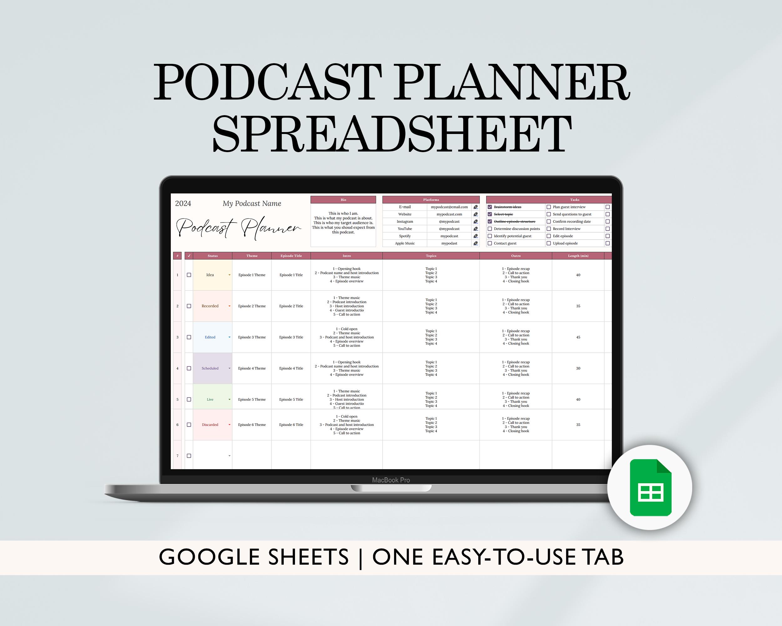 Podcast Planner Spreadsheet, Content Calendar, Episode Checklist ...