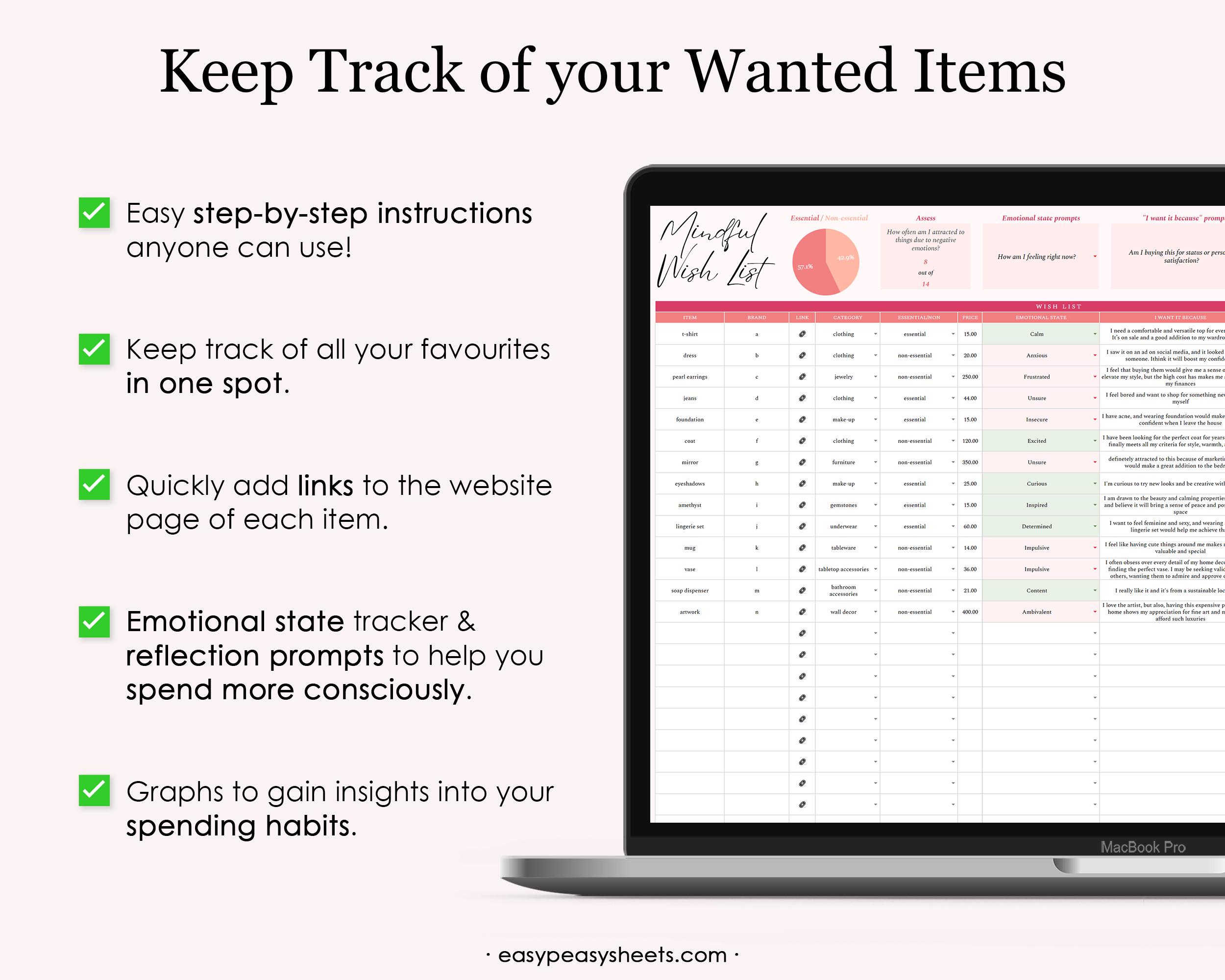 Mindful Wishlist and Purchase Tracker Spreadsheet, Google Sheets ...
