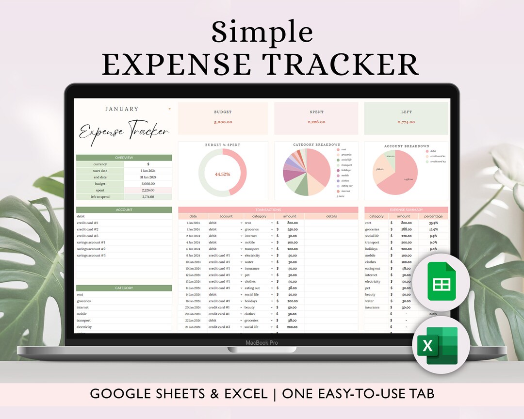 Simple Expense Tracker Spreadsheet, Google Sheets Excel Budget Template ...