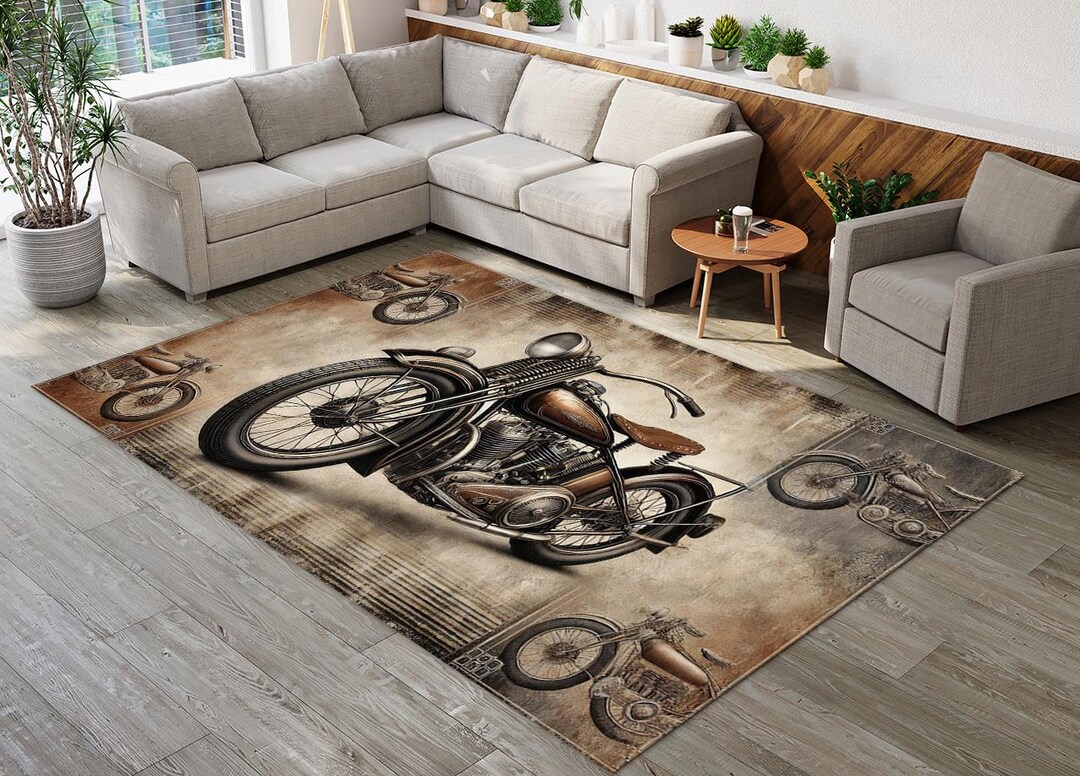 Vintage Motor Bike Rug, Motorcycle Design Rug, Custom Rug, Popular Rug ...