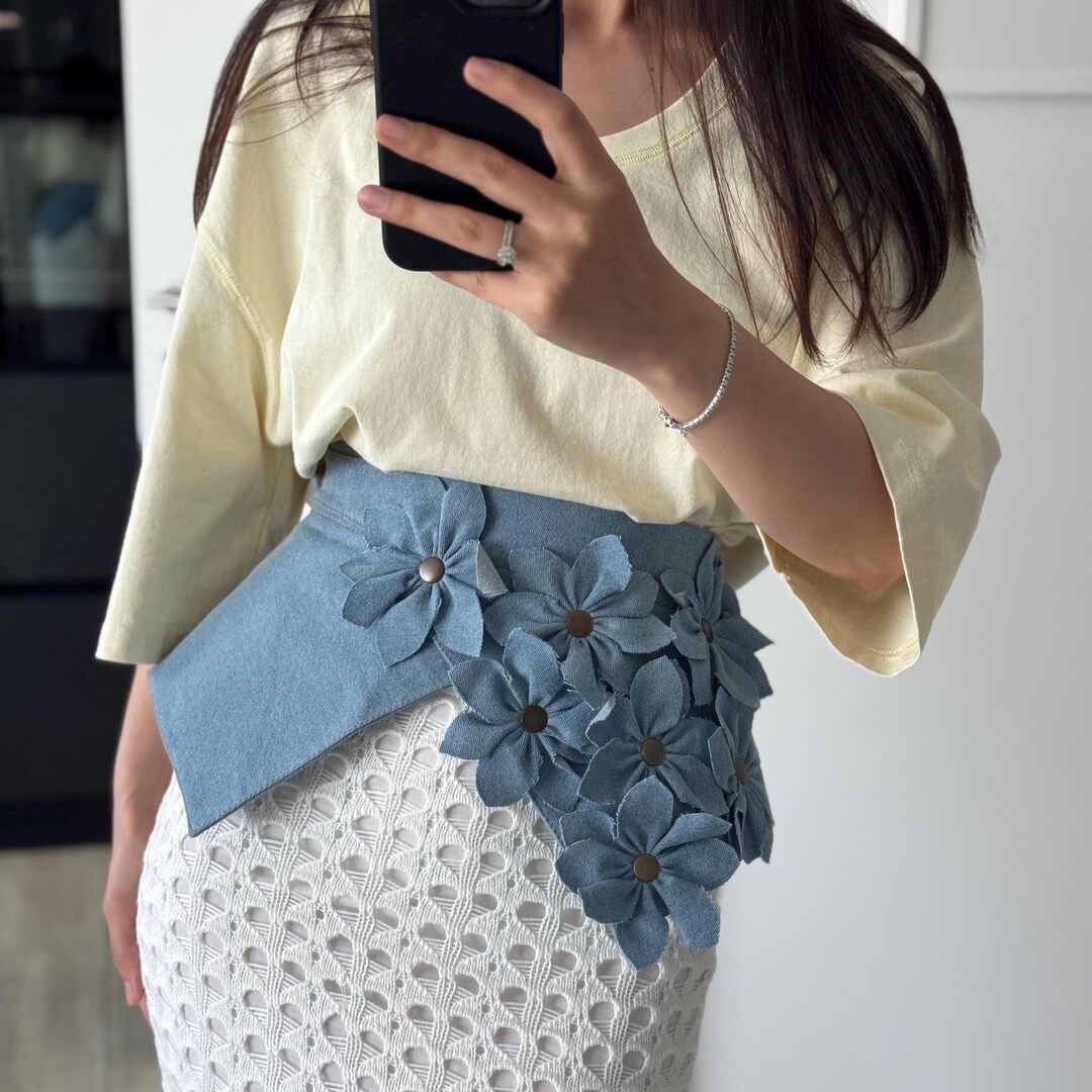 Blue Peplum Belt for Every Day, Handmade 3D Flowers Denim Corset Under ...