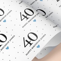 2 Sheets 40th Birthday Wrapping Paper Age 40 Birthday White and Blue ...