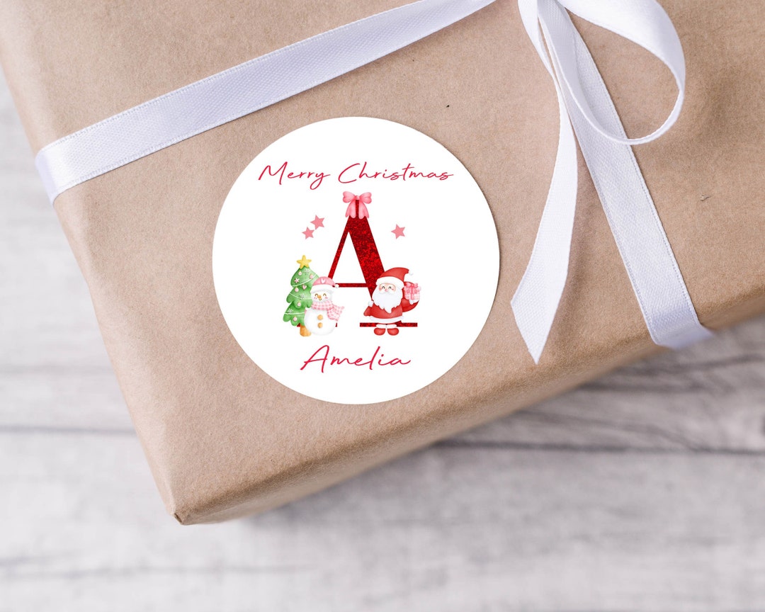 24 Personalised Christmas Gloss Sticker Labels, Initial Christmas ...