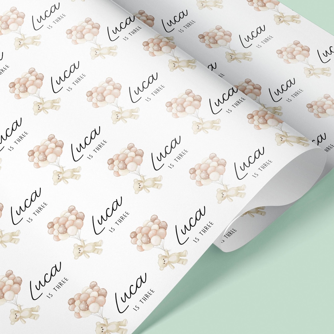 TEDDY BEAR Balloon Milestone Personalised Gift Wrap / Kids Wrapping ...