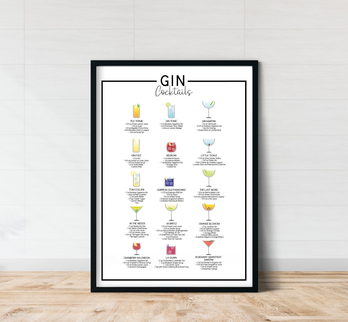 Gin Cocktails | Menu | Cocktail Wall Art | Gin Poster | Gin Cocktail ...