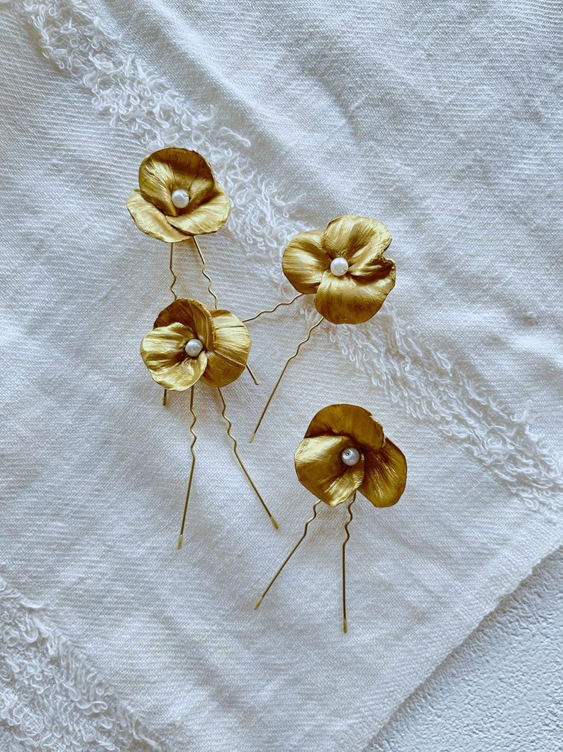 Golden Floral Hair Piece, 4pcs Gold Hair Pins Set, Minimalist Pearl ...