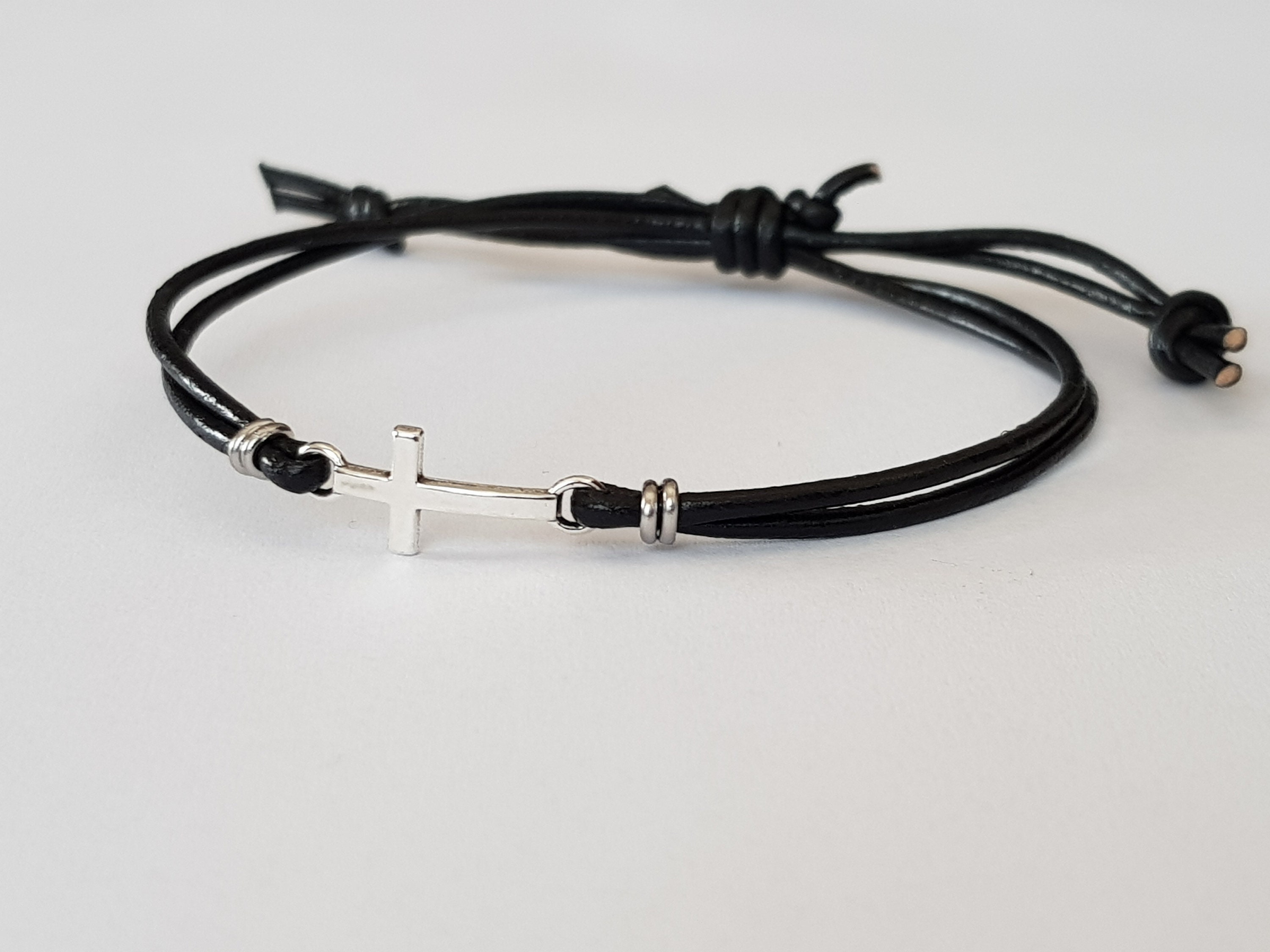 Simple Cross Bracelet Small Silver Cross Adjustable Leather - Etsy