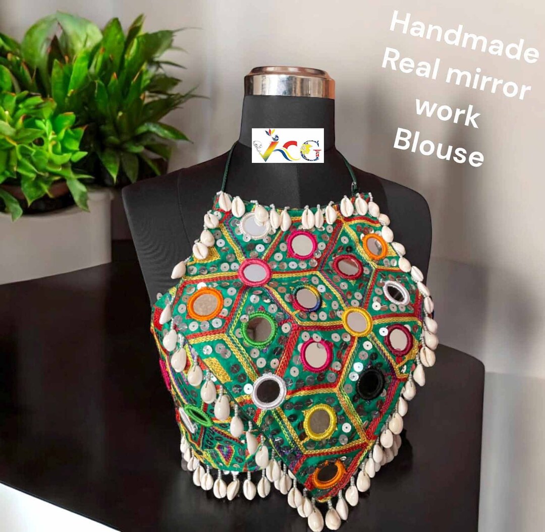 Real Mirror Work Navratri Blouse for Women Hand Work Kori Embroidery ...