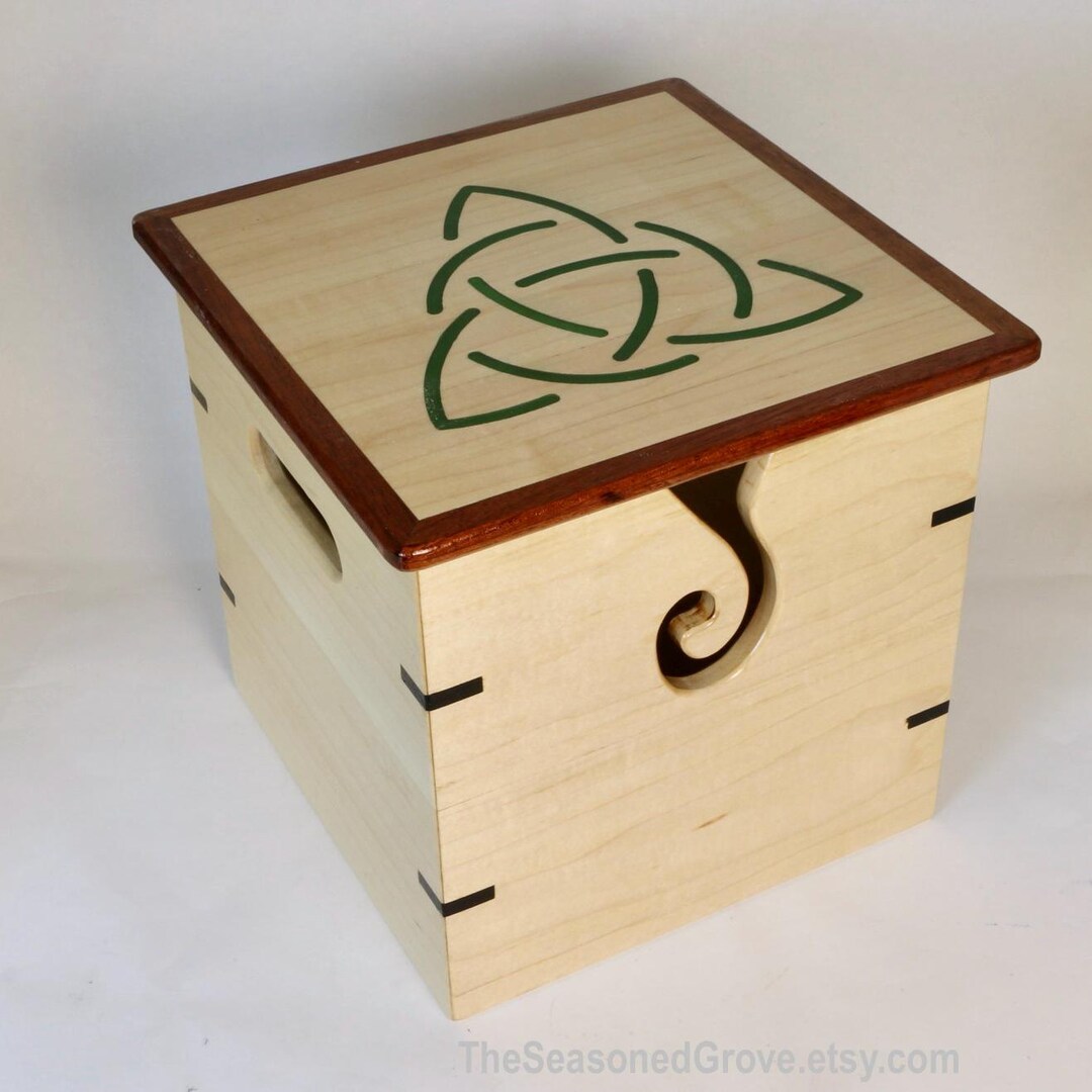 Wood Yarn Box With Top Lid and Cut-out Handles. Green Celtic Knot Epoxy ...