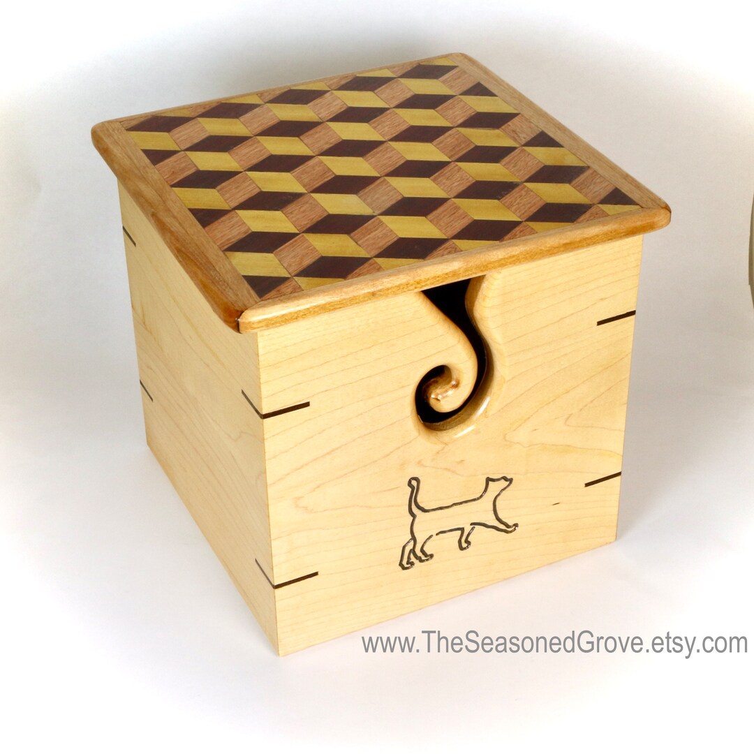 Wood Yarn Box With Lid Top. Tumbling Blocks Quilt Inspired Marquetry ...