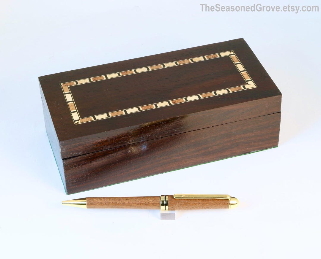 Handmade Bocote Wood Pen Box With Leopardwood Pen, Inlay Border - Etsy