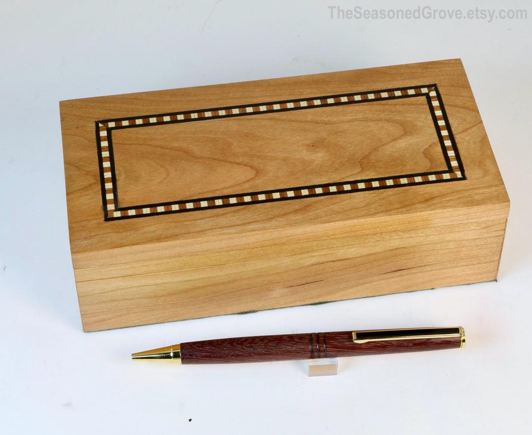 Handmade Cherry Wood Pen Box With Katalox Pen, Inlay Design - Etsy