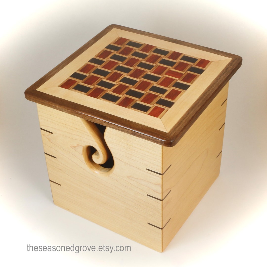 Wood Yarn Box With Top Lid, Basketweave Pattern Marquetry Top ...