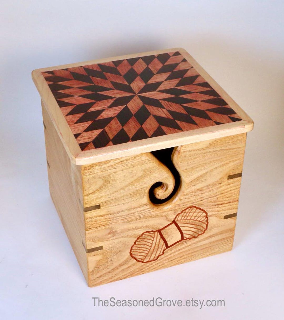 Wood Yarn Box With Lid Top. 8 Point Star Quilt Pattern Wood Marquetry ...