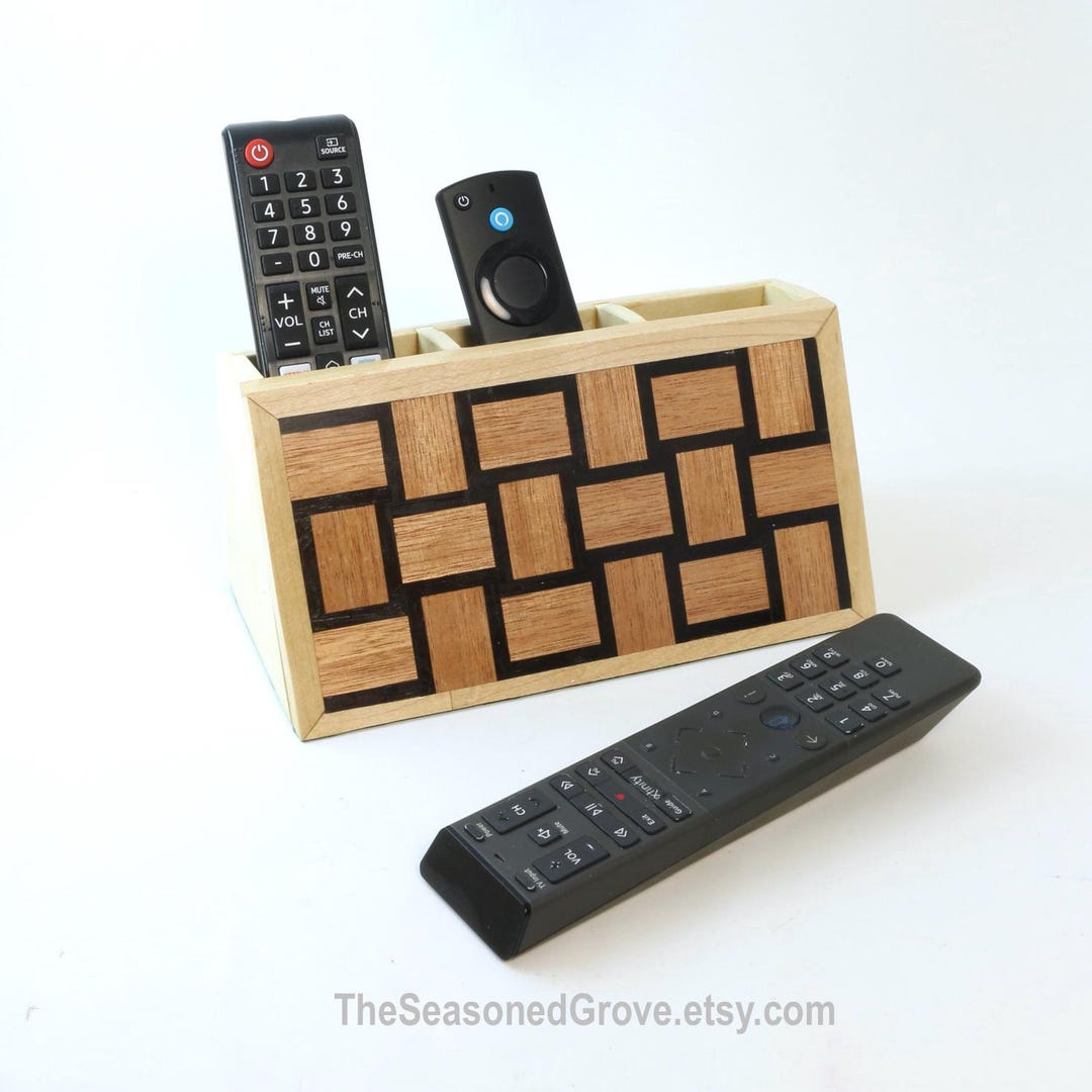 Wood TV Remote Control Holder Caddy for 3 Remotes. Basketweave Pattern ...