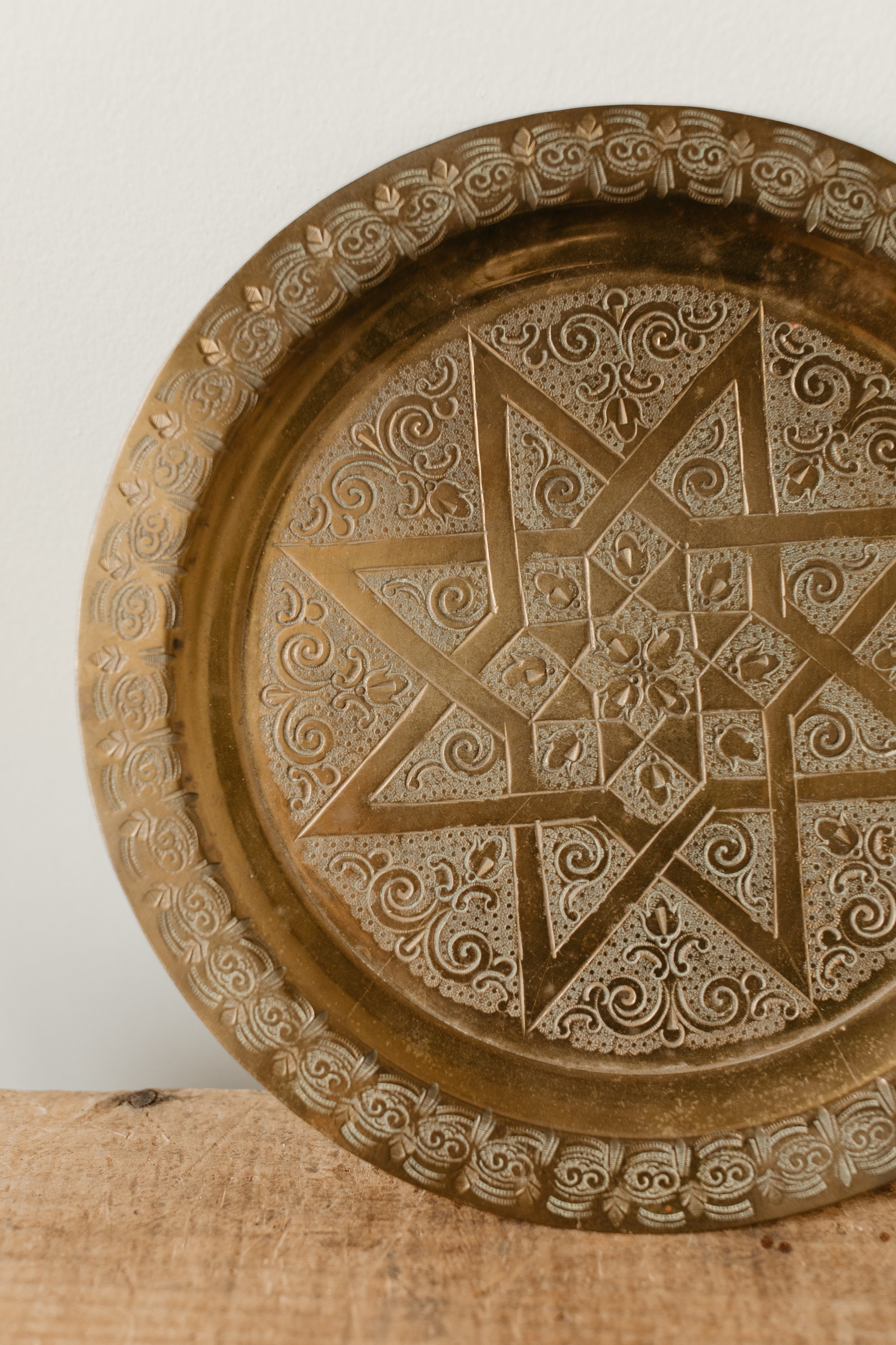 Vintage Solid Brass Islamic Octagon Star Art Tray Circle Plate Etched ...