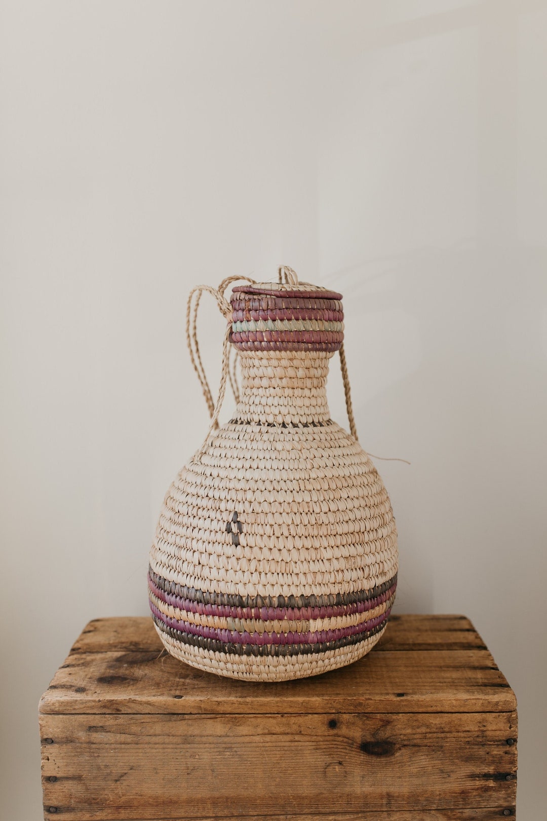 Vintage Woven Coil Basket Unique Jug Style Bohemian Decor Purple/blue ...