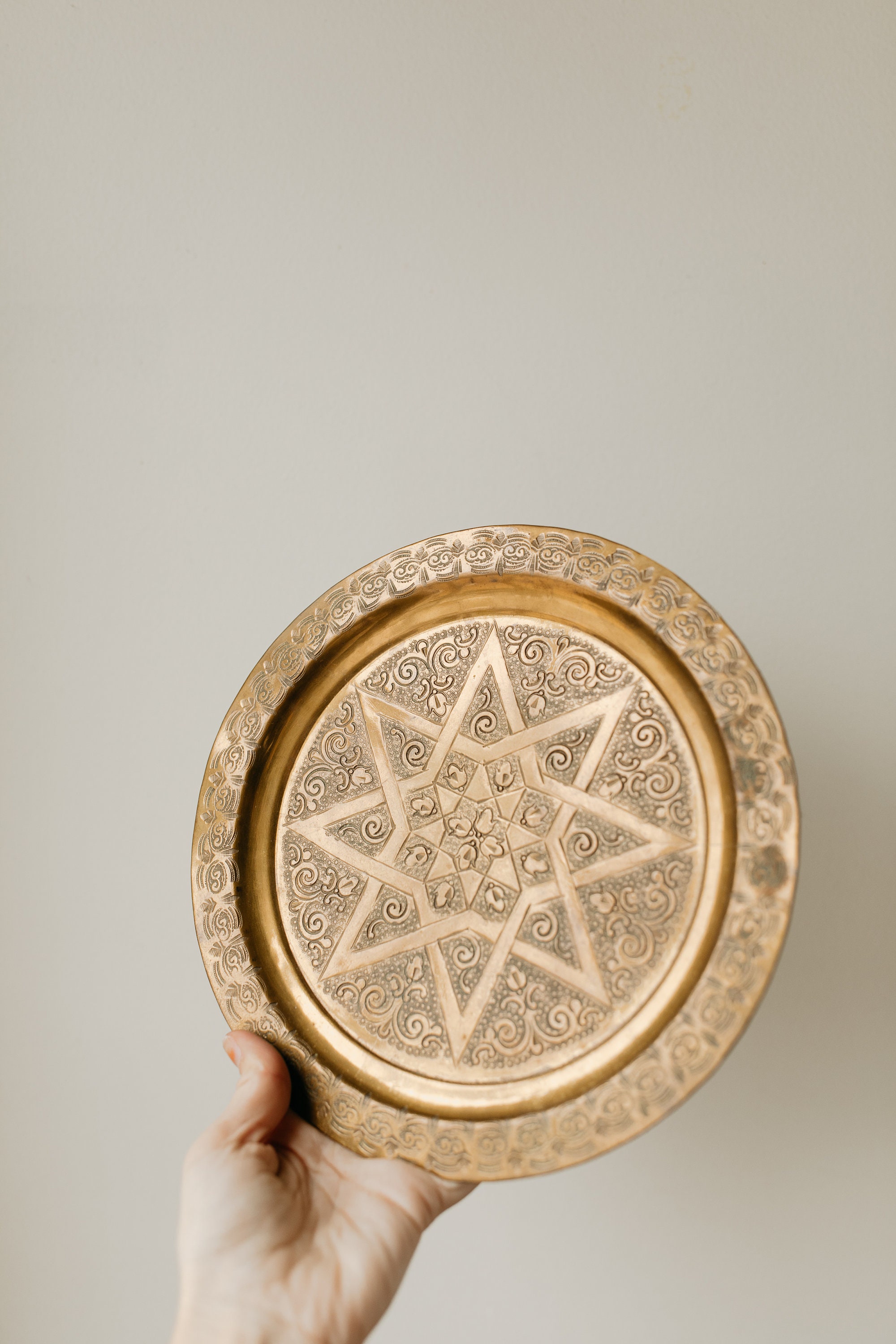 Vintage Solid Brass Islamic Octagon Star Art Tray Circle Plate Etched ...