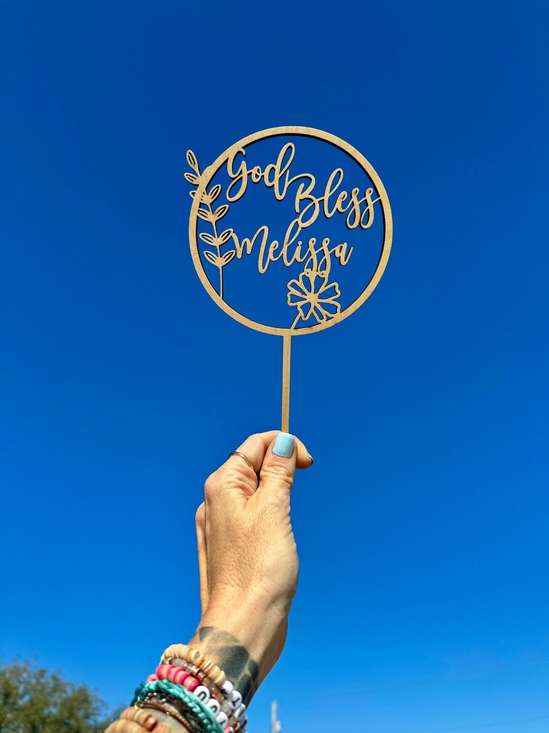 Custom God Bless Cake Topper Floral Name Cake Topper Holy Christening ...