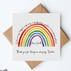 Thank You Teacher Card, Rainbow Teacher Card Gift, Personalised Teacher ...