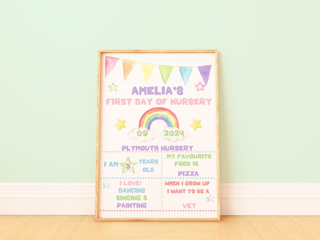 First Day Nursery Print, 1st Day at Pre-school, Rainbow Pastel, School ...