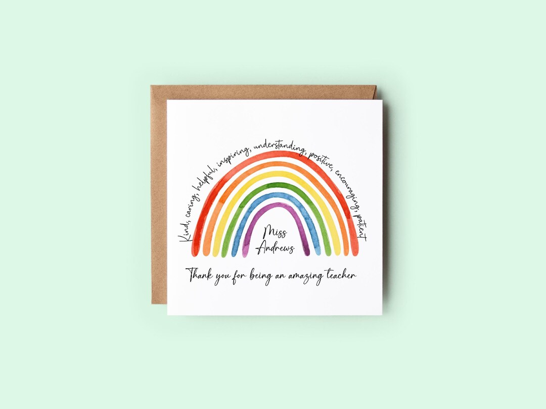 Thank You Teacher Card, Rainbow Teacher Card Gift, Personalised Teacher ...